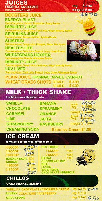 Menu at Booster desserts, Auckland