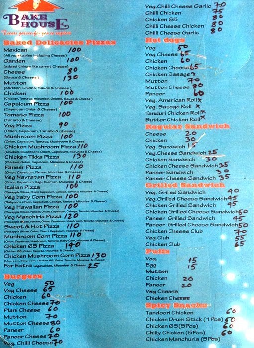 Bake House menu, Menu restauracji Bake House, Tarnaka, Hyderabad - Zomato
