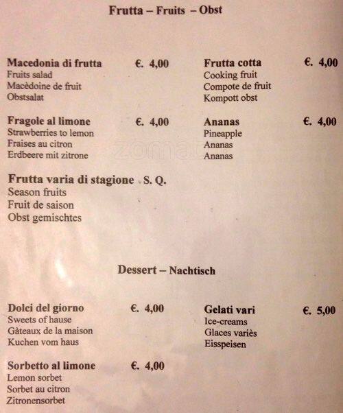 Menu at Antica Boheme restaurant, Rome, Via Napoli