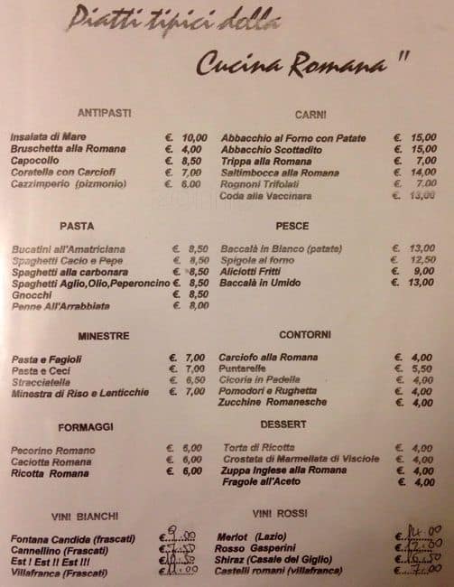 Menu at Antica Boheme restaurant, Rome, Via Napoli