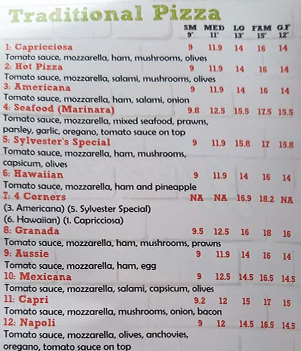 Menu at Sylvesters Pizza and Pasta pizzeria, Preston
