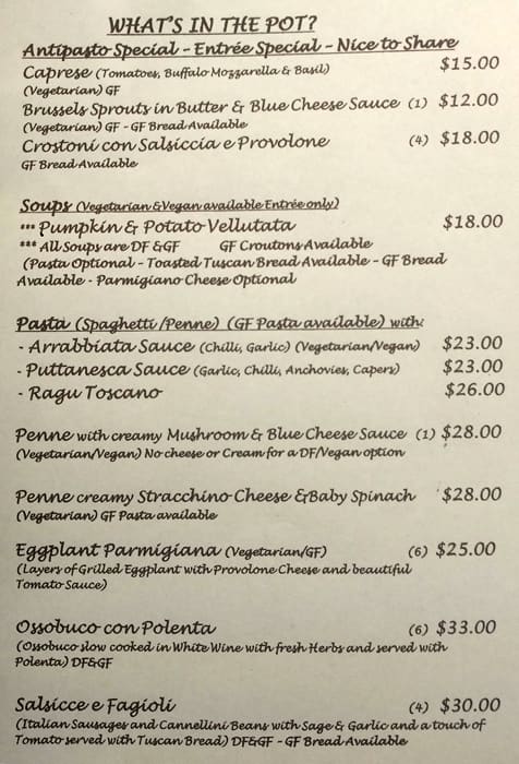 Menu at What's in the Pot restaurant, Redcliffe