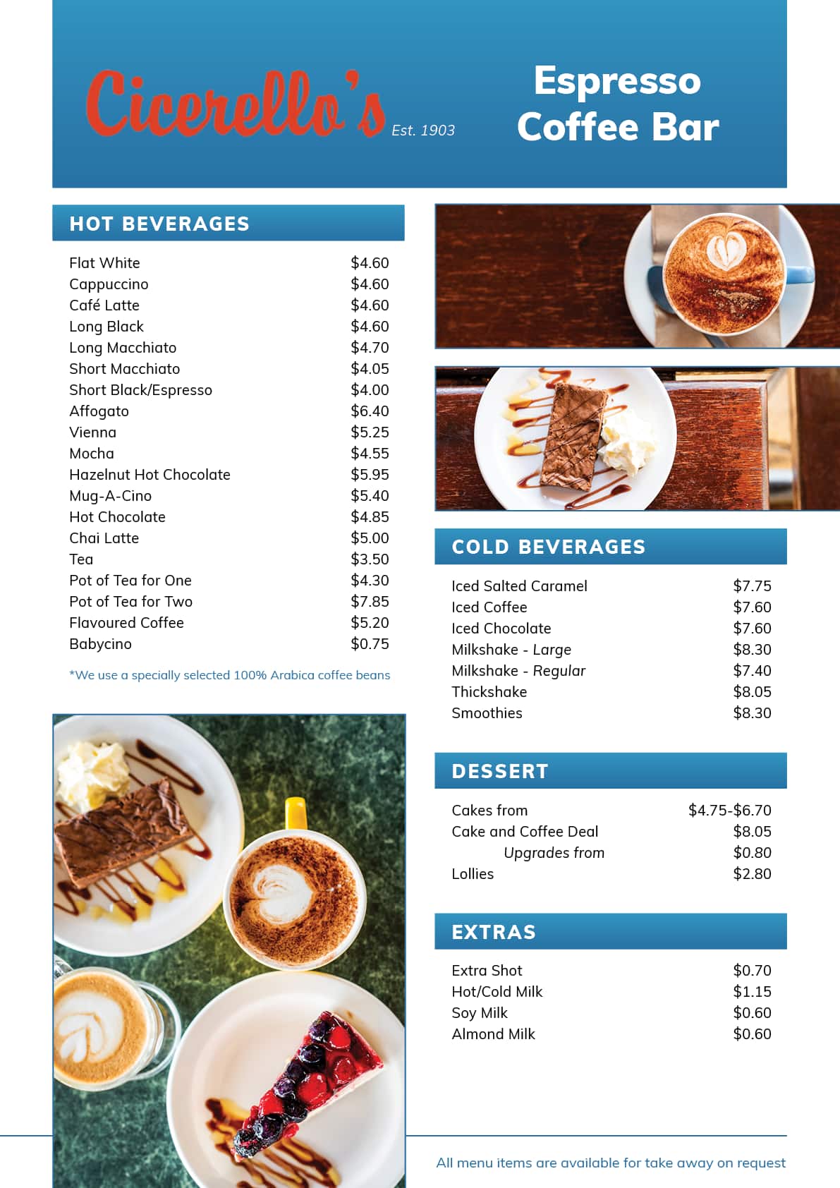 Menu at Cicerello's Fremantle restaurant, Fremantle