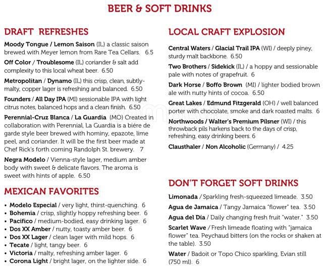 Menu at Frontera Grill restaurant, Chicago