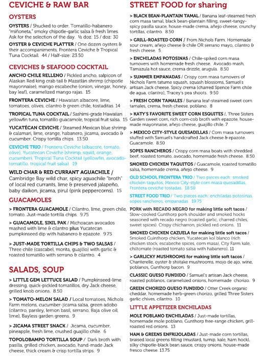 Menu at Frontera Grill restaurant, Chicago