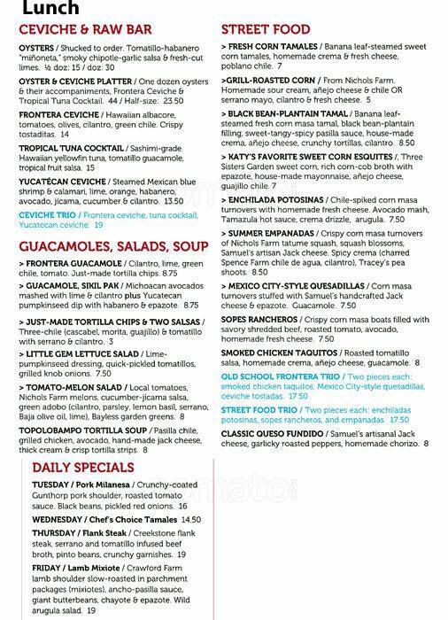 Menu at Frontera Grill restaurant, Chicago
