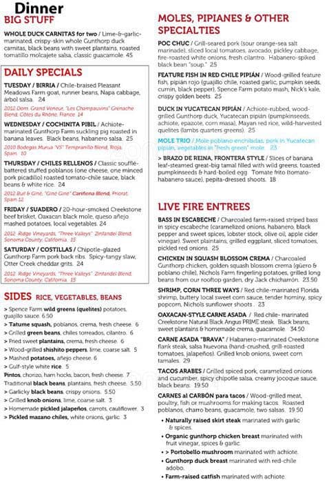 Menu at Frontera Grill restaurant, Chicago