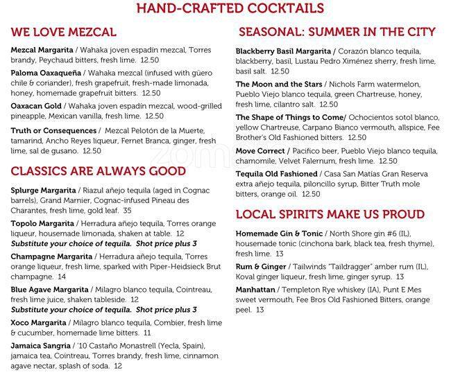 Menu at Frontera Grill restaurant, Chicago