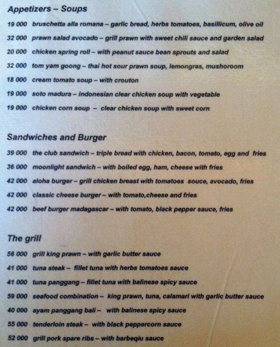 Menu at Ananda Beach Restaurant, Denpasar