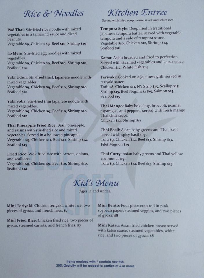 Menu at Blue Cafe, Newport News