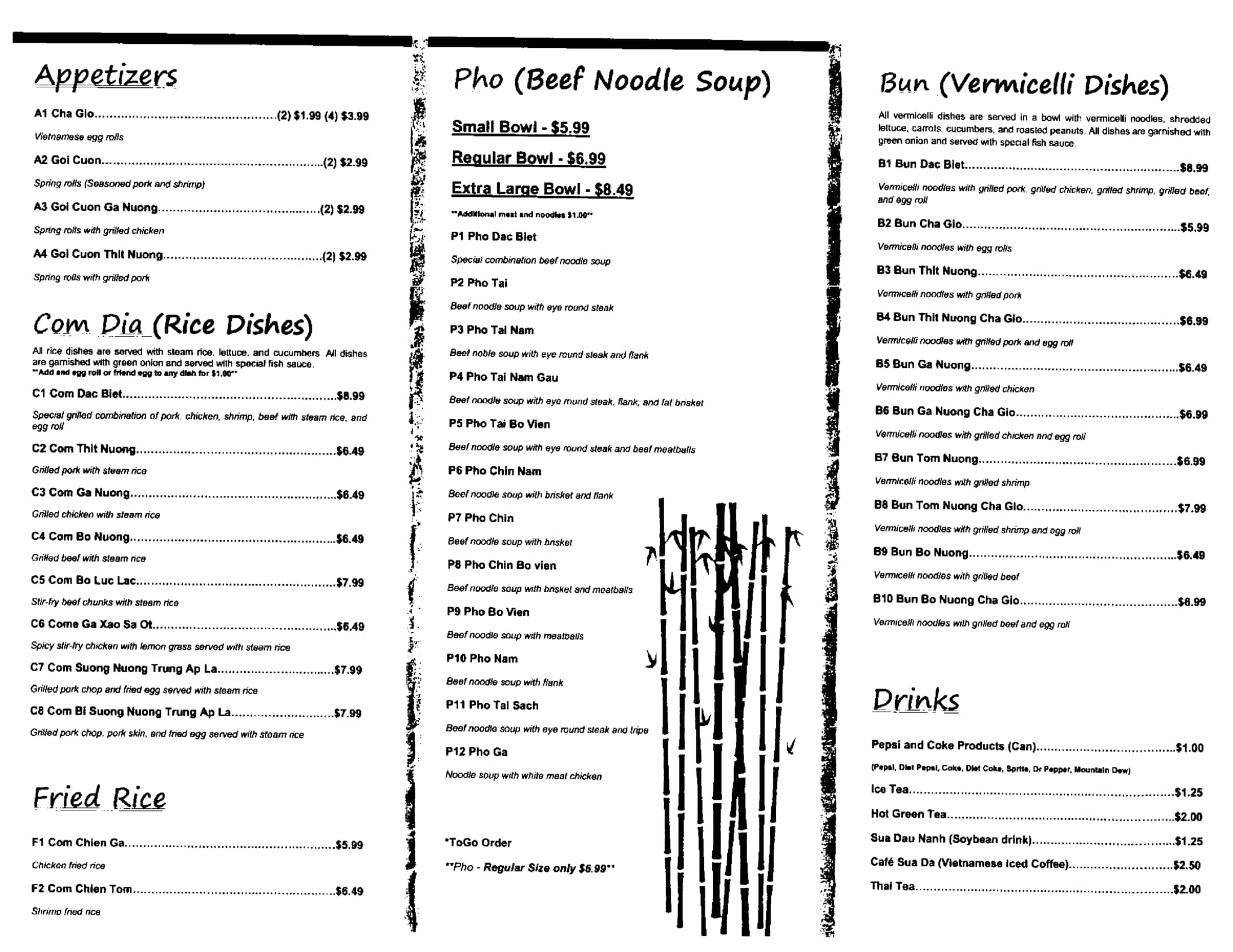 Menu at Pho 71 restaurant, Broken Arrow