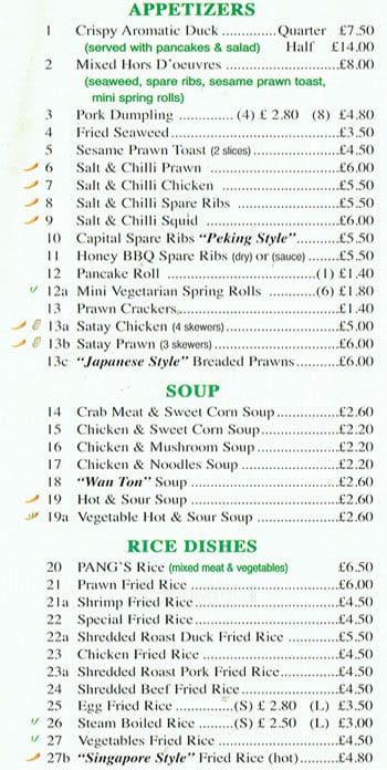 Menu at Pang's fast food, London