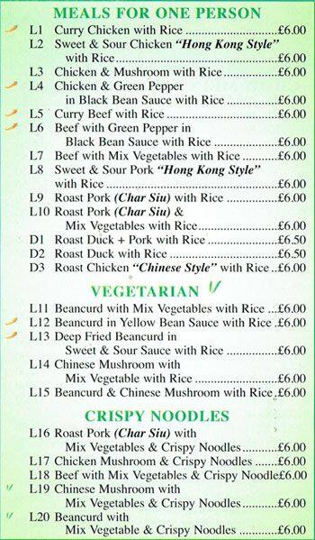 Menu at Pang's fast food, London