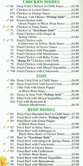 Menu at Pang's fast food, London