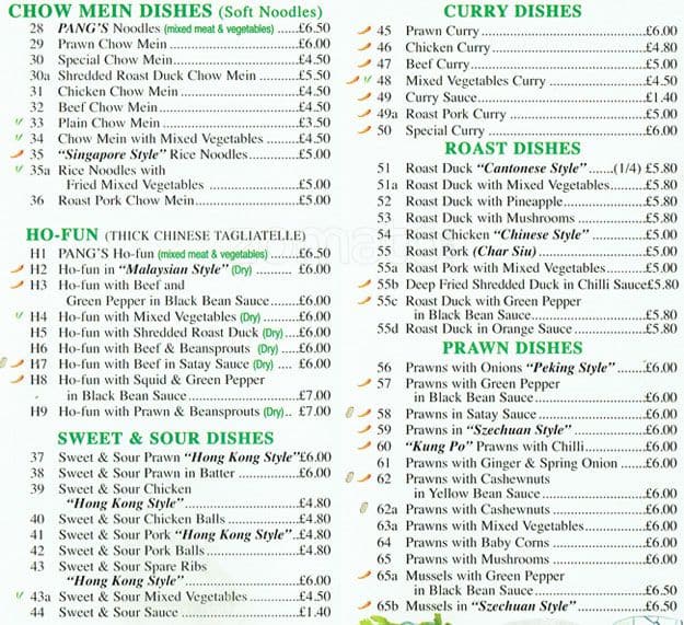 Menu at Pang's fast food, London