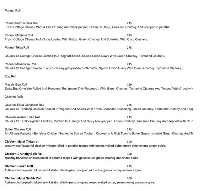 Menu of The Roll Kitchen, Mahim, Mumbai