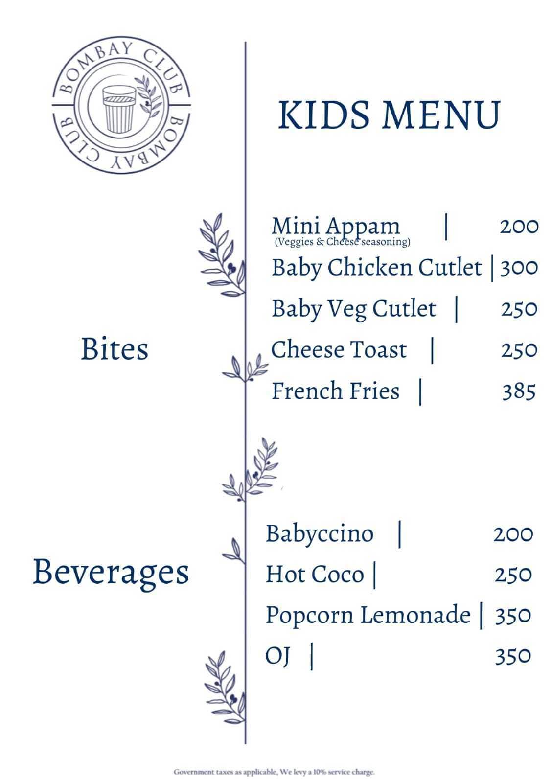 Menu of Bombay Club, Chhatarpur, New Delhi