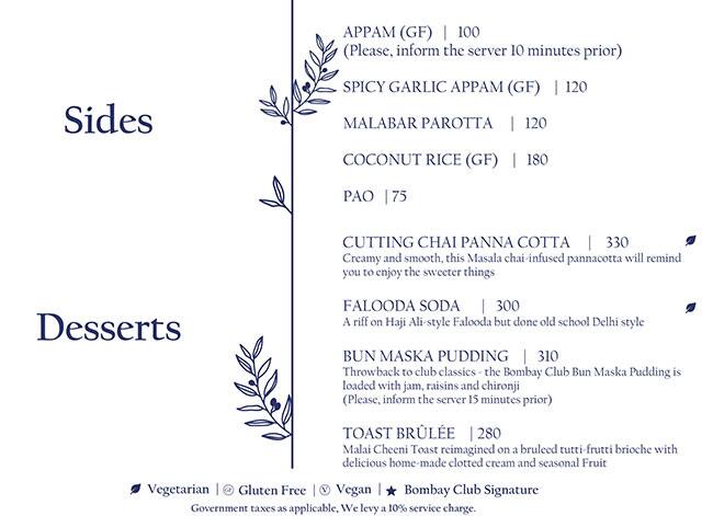 Menu at Bombay Club, New Delhi, The Dhanmill