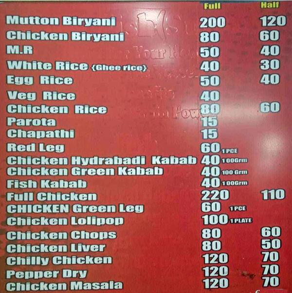 Menu of Karnataka Sultan Biriyani, Sakthi Nagar, Mysore
