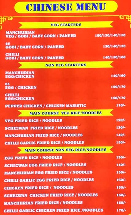 Menu of Woking, Kondapur, Hyderabad