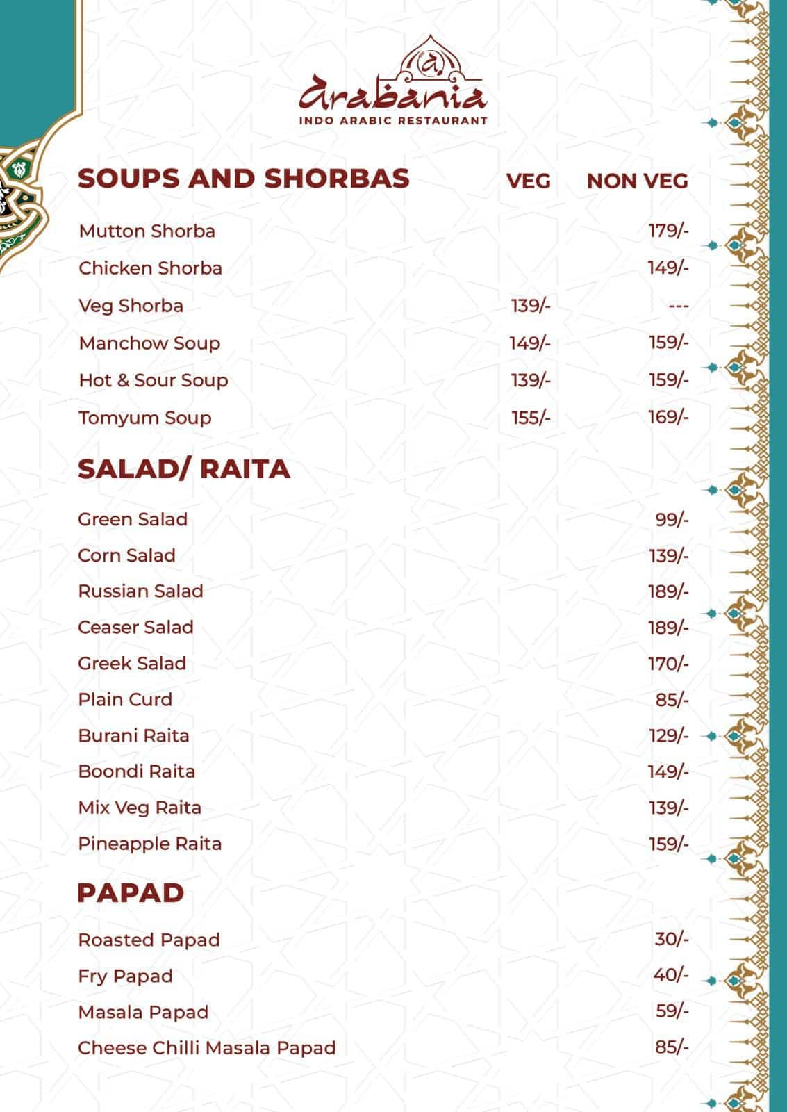 Menu of Arabania Indo-Arabic Restaurant, Kanpur Road, Lucknow