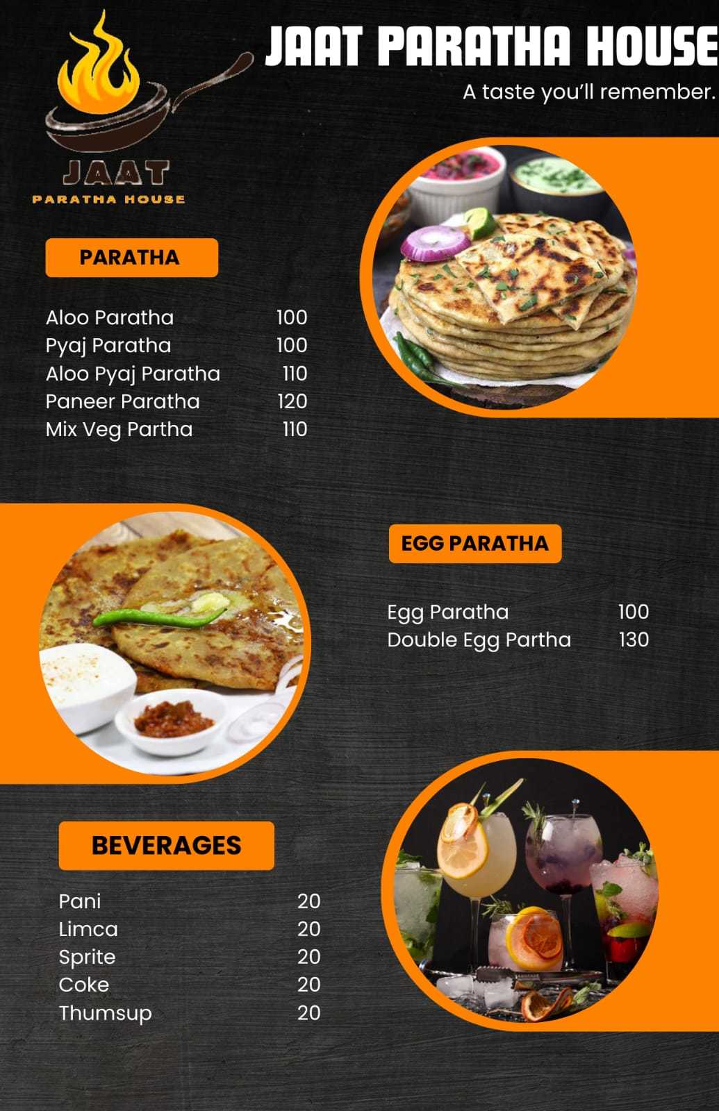 Menu of Jaat Paratha House, Pushpanjali, New Delhi