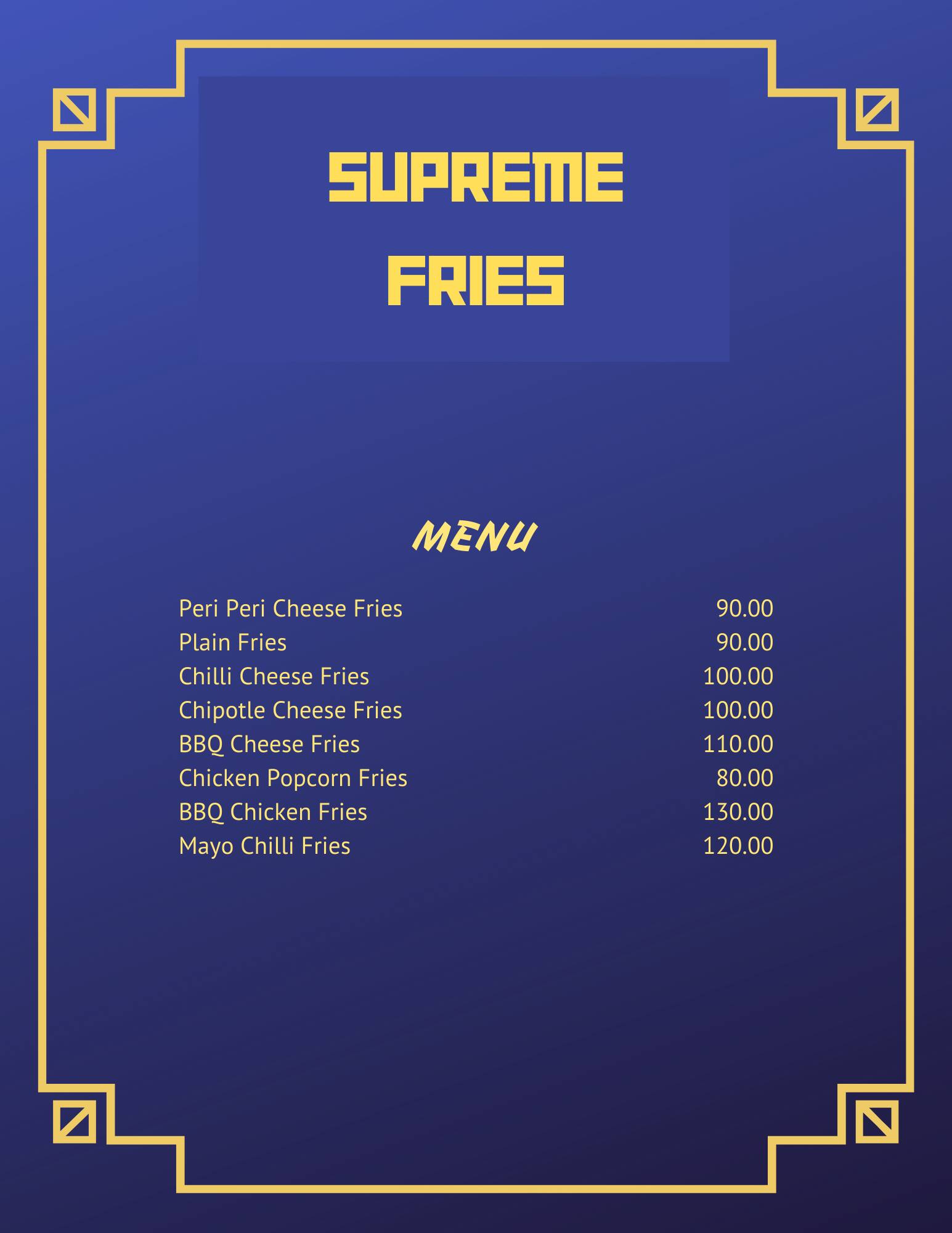 Menu of Supreme Fries, Pimple Nilakh, Pune