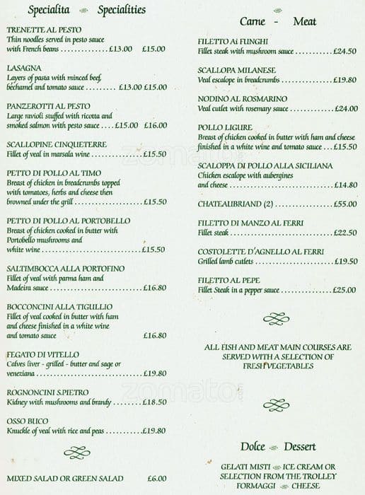 Menu at La Genova restaurant, London