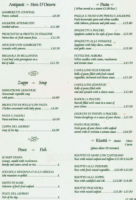 Menu at La Genova restaurant, London