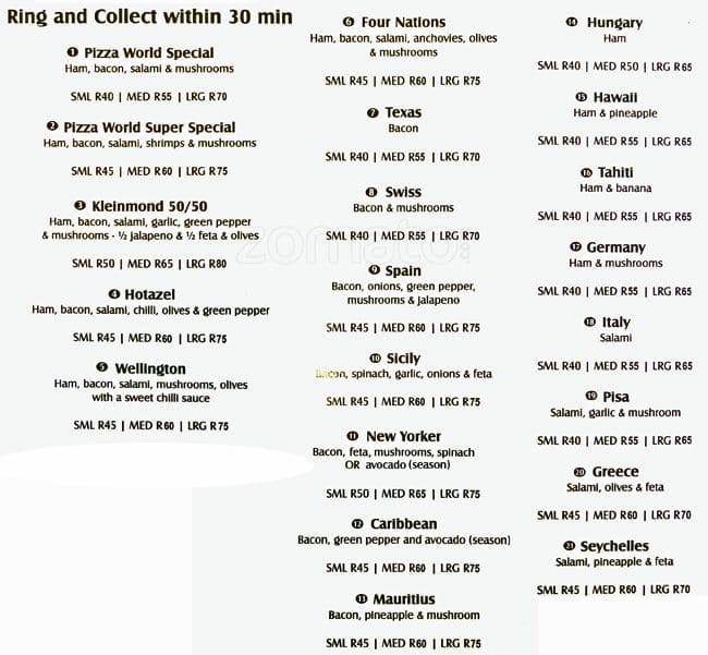 Menu at Pizza World restaurant, Kleinmond, Pizza World