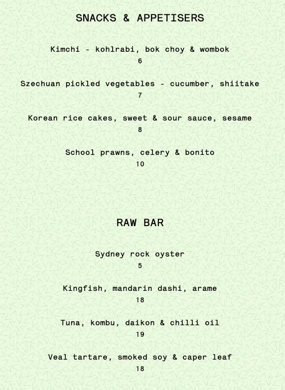Menu at Supernormal restaurant, Melbourne