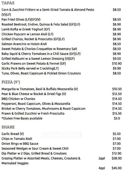 Menu at Mylk Bar, Adelaide, 57 Flinders St