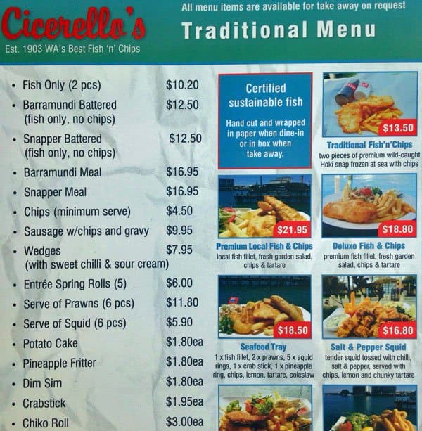 Menu at Cicerello's Mandurah restaurant, Mandurah