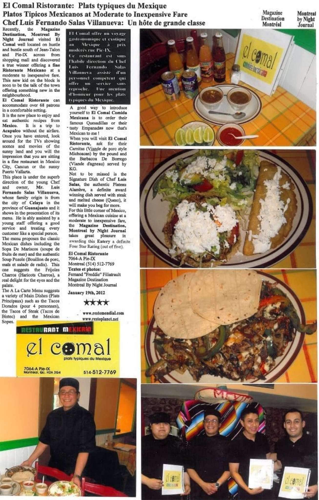 Carta del restaurante El Comal, Montreal