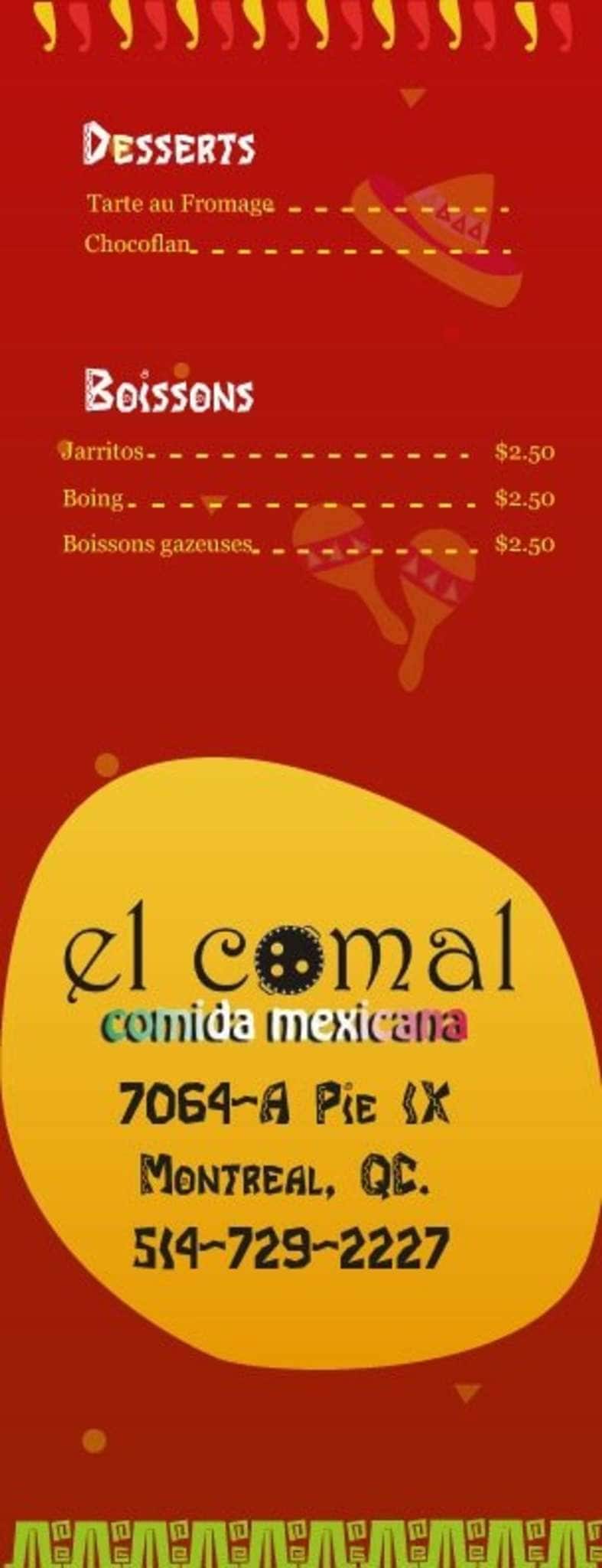 Menu at El Comal restaurant, Montreal