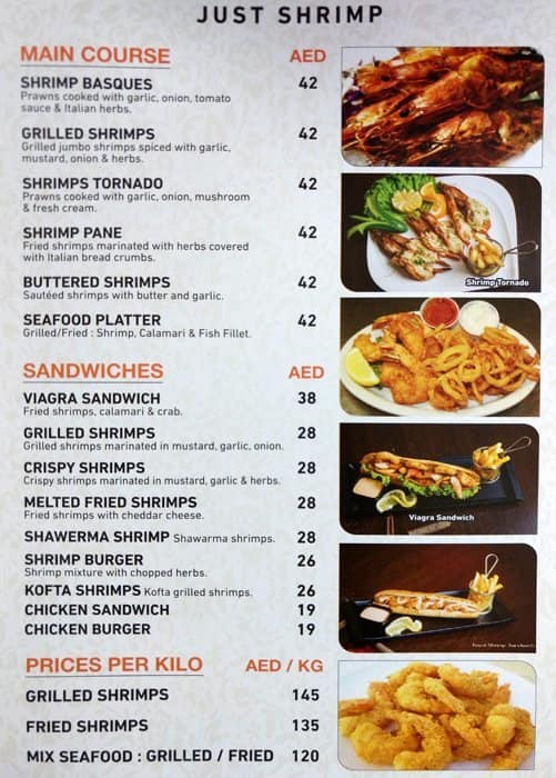 Menu at Just Shrimp, Abu Dhabi, Beside Al Hashimya General Trading