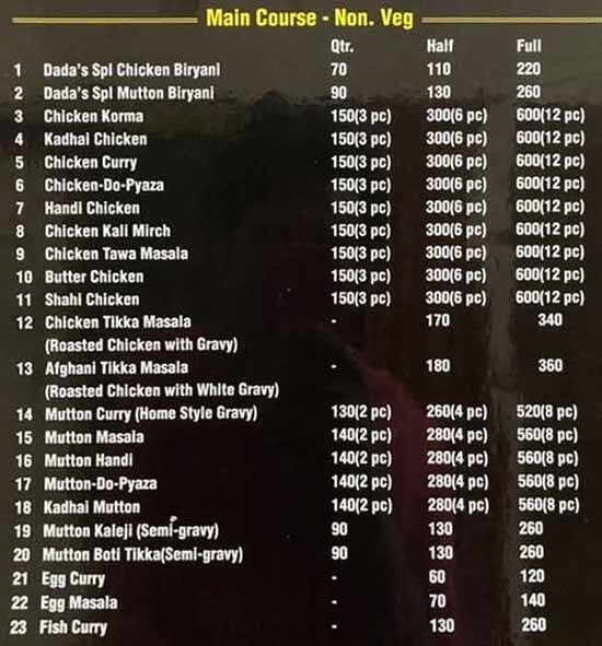 Menu at Dada Biryani Corner, Lucknow, Utrathia