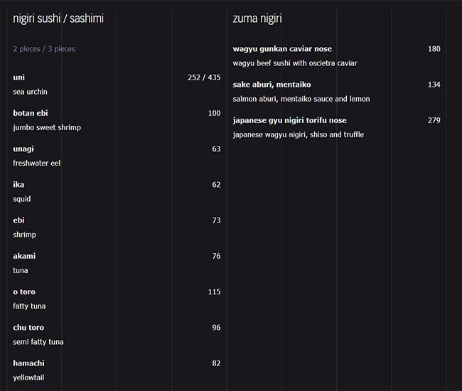Menu of Zuma, DIFC, Dubai