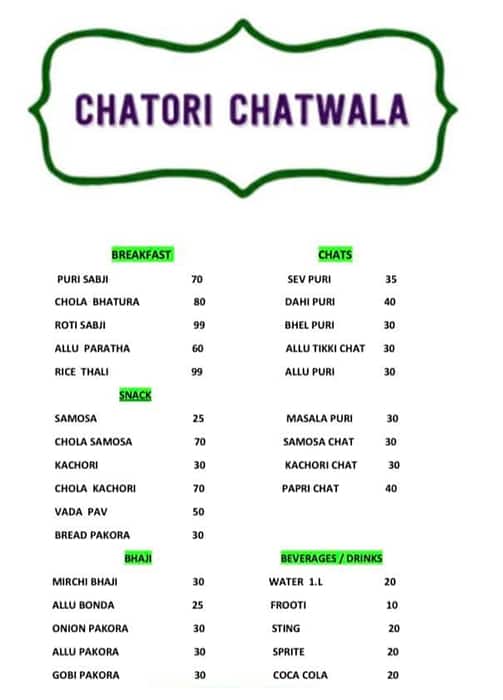 Menu of Chatori Chatwala, BTM, Bangalore