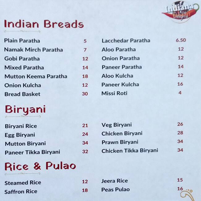 Menu at Indiana Delights restaurant, Dubai