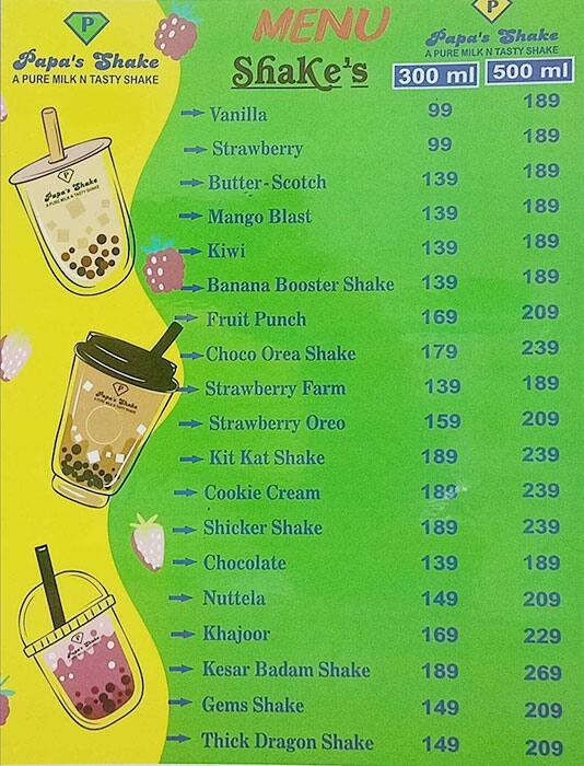 Menu of Papa's Shake, Paharganj, New Delhi