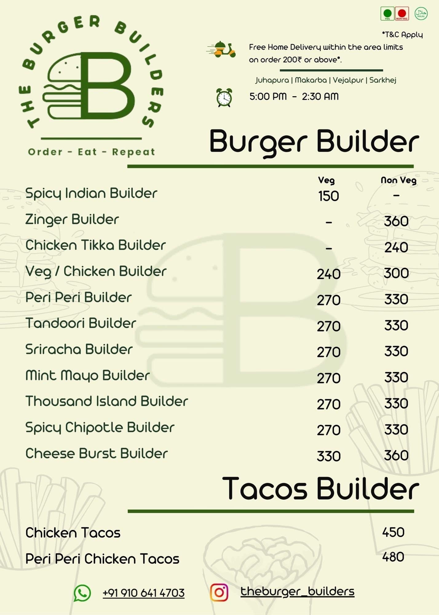Menu of The Burger Builders, Vejalpur, Ahmedabad