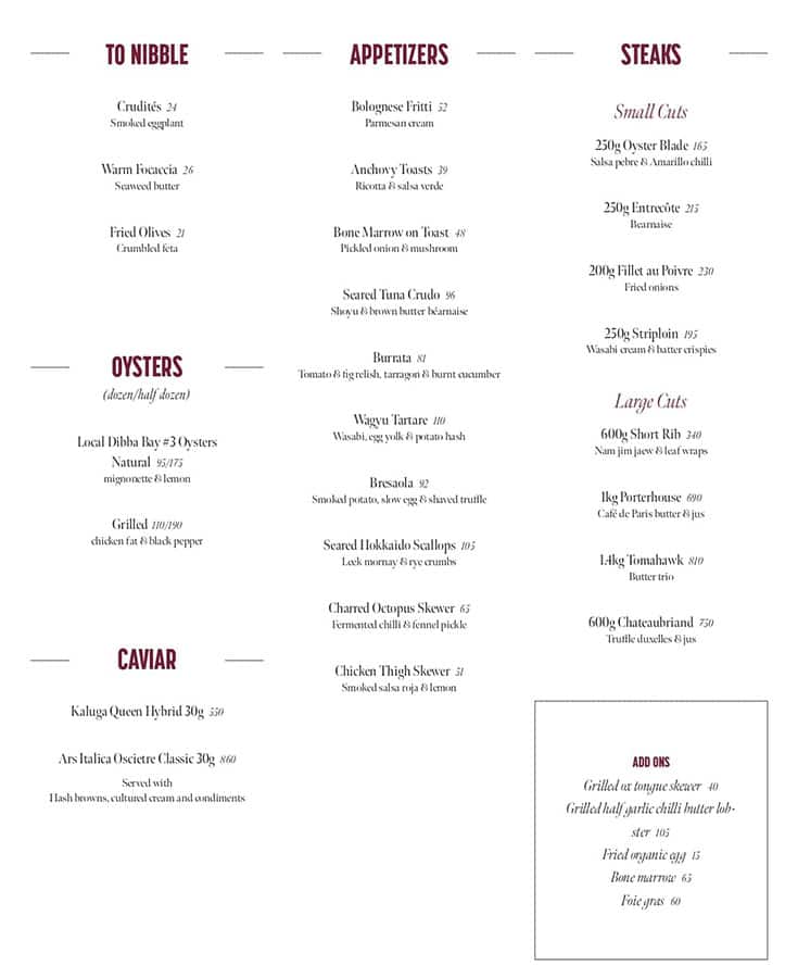 Menu of Rare, Al Safa, Dubai