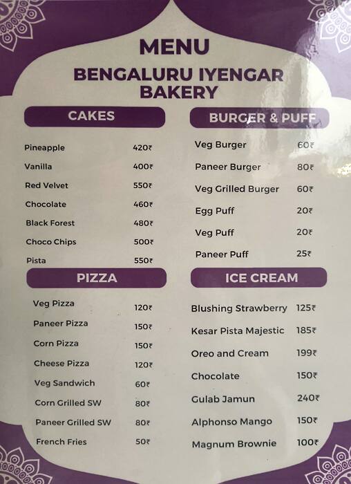 Menu of Bengaluru Iyengar's Bakery, Nagole, Hyderabad