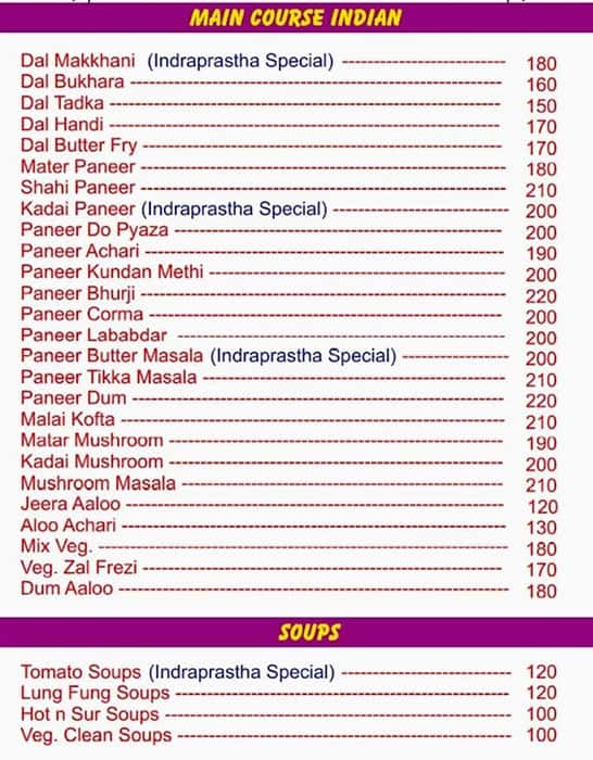 Menu of Indraprastha Hotel & Restaurant, Ganga Nagar, Meerut