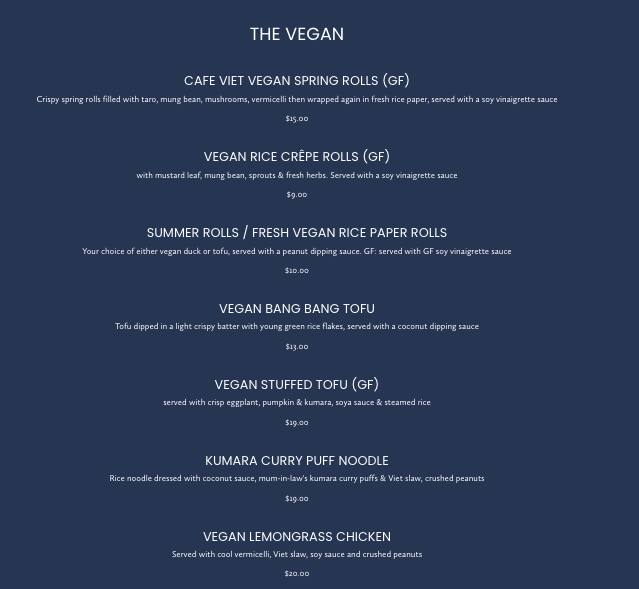 Menu at Cafe Viet, Auckland