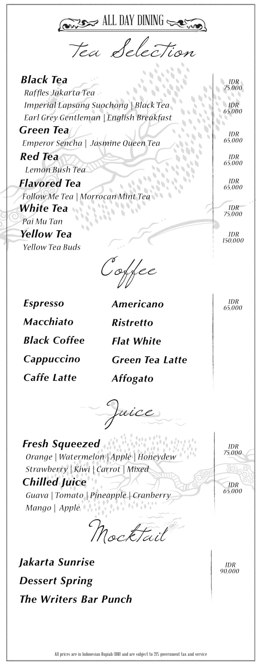 Menu at The Writers Bar, Jakarta