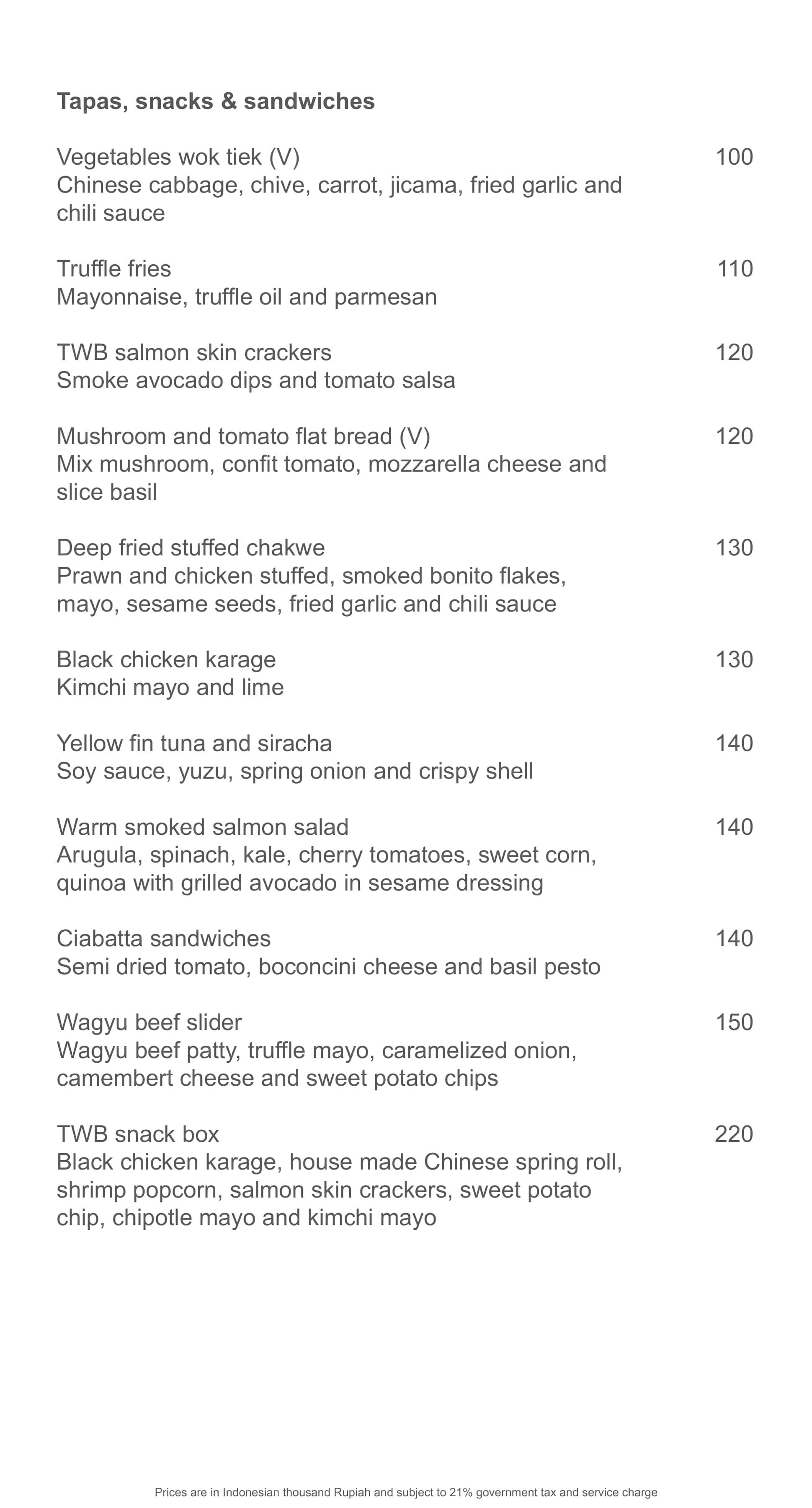 Menu at The Writers Bar, Jakarta