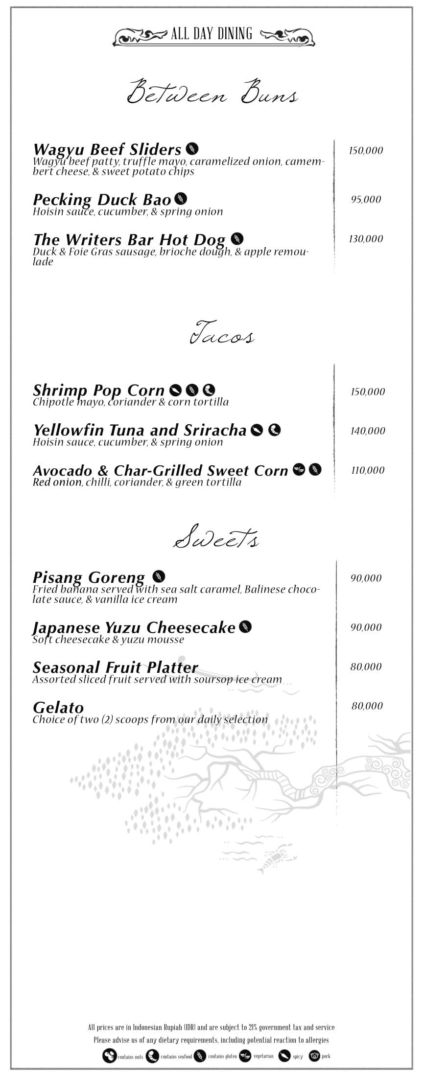 Menu at The Writers Bar, Jakarta