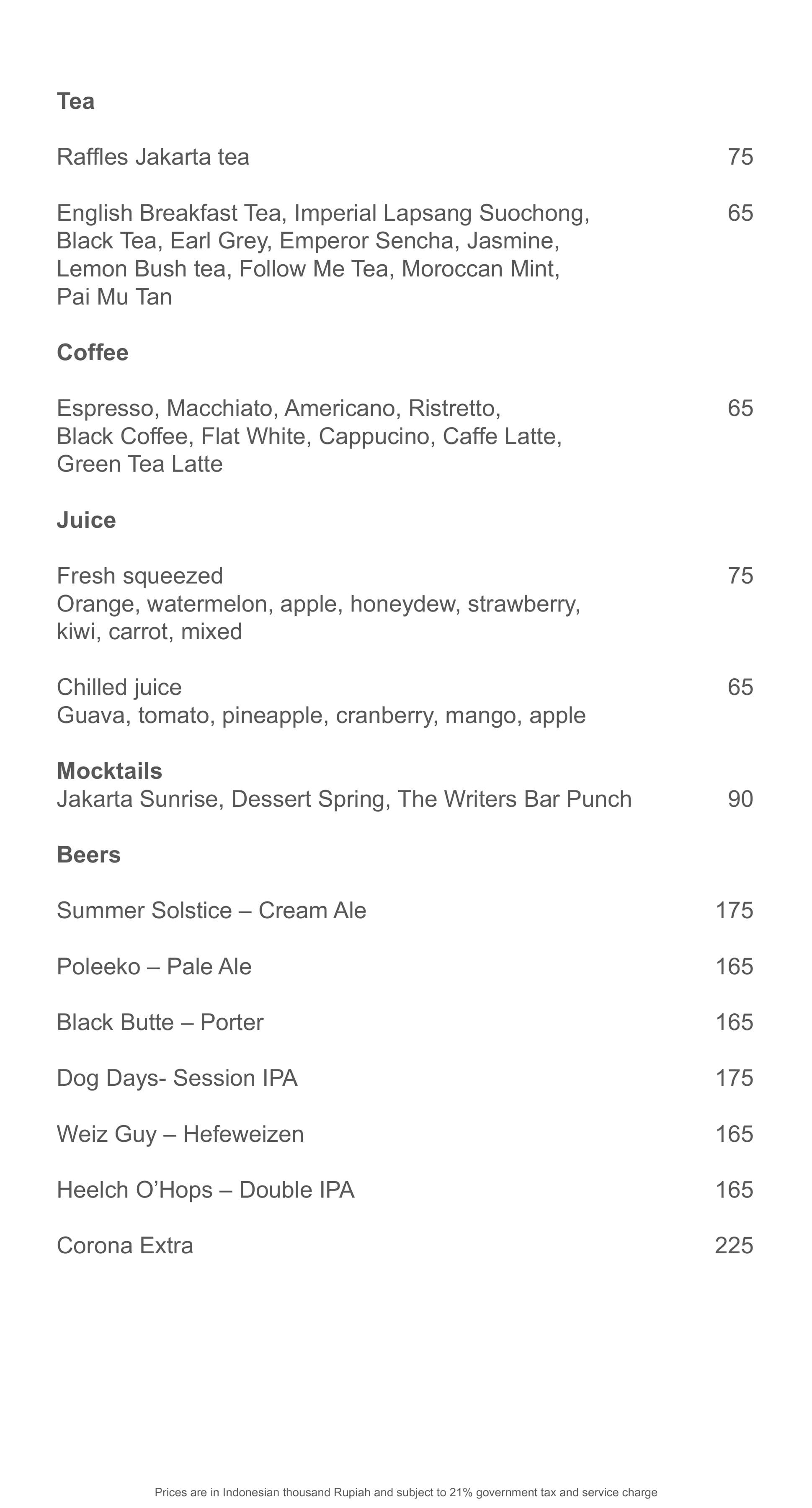 Menu at The Writers Bar, Jakarta